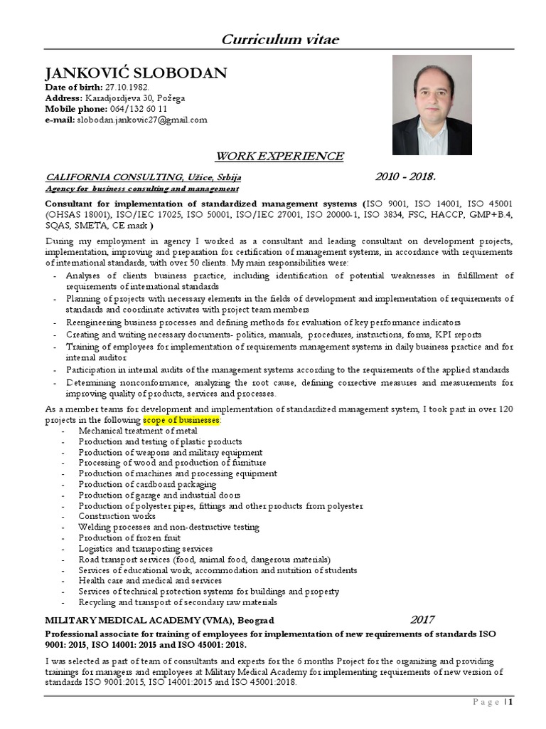 CV Slobodan Jankovic ENG | PDF | Iso 9000 | International Organization ...