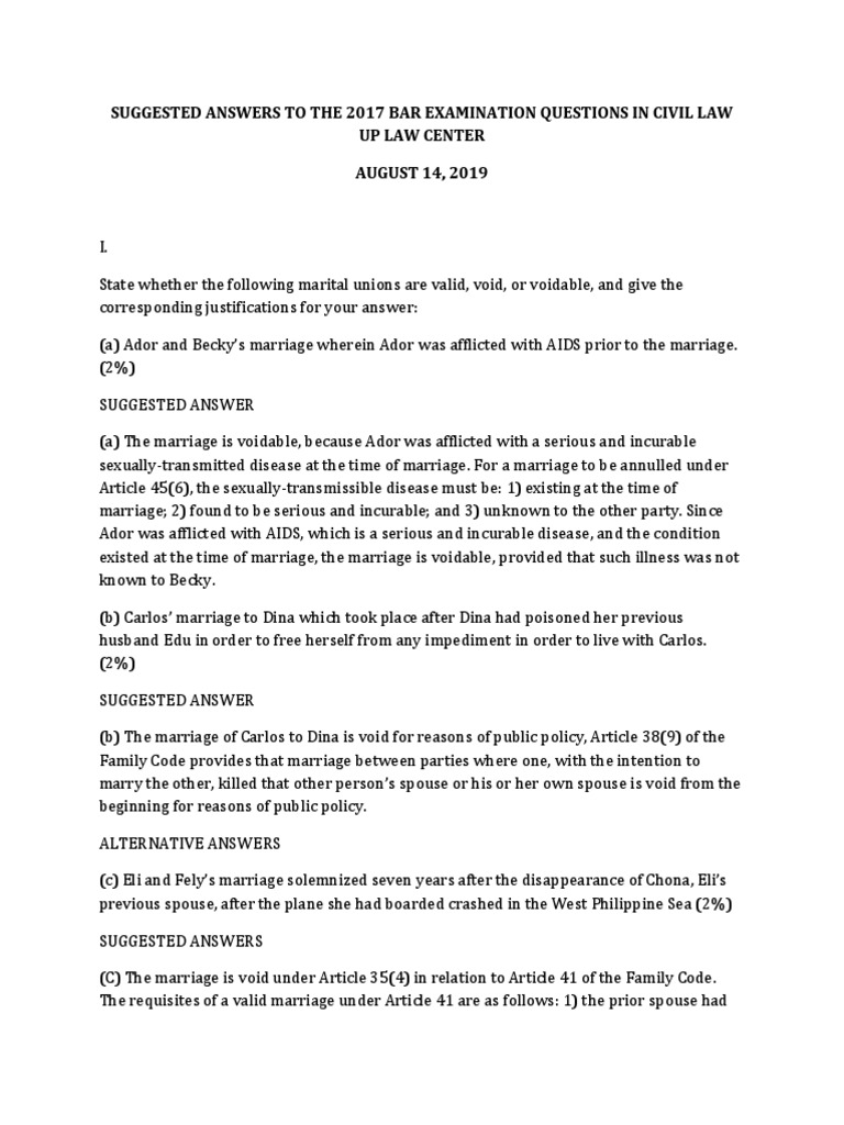 Suggested Answers To The 2017 Bar Examination Questions in Civil Law Up ...