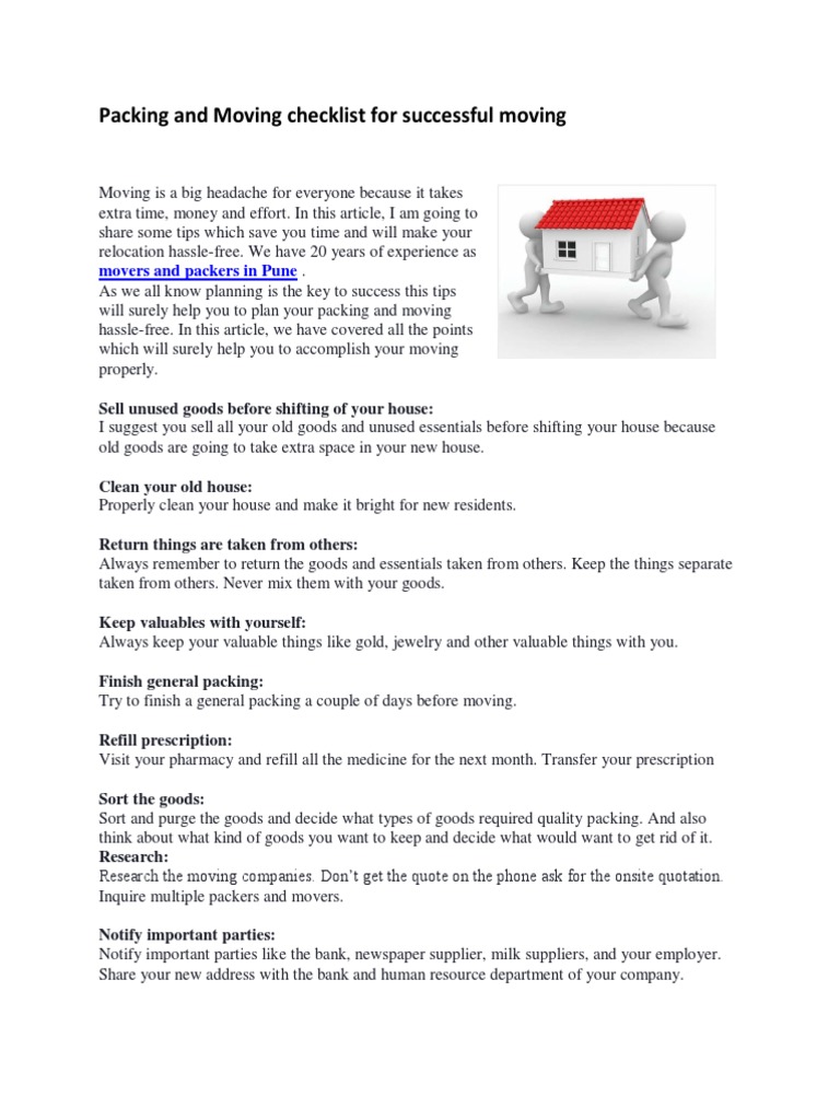 Packing and Moving Checklist For Successful Moving | PDF