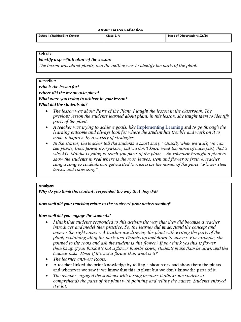 Part of Plant Reflection 3.2 | PDF | Teachers | Teaching