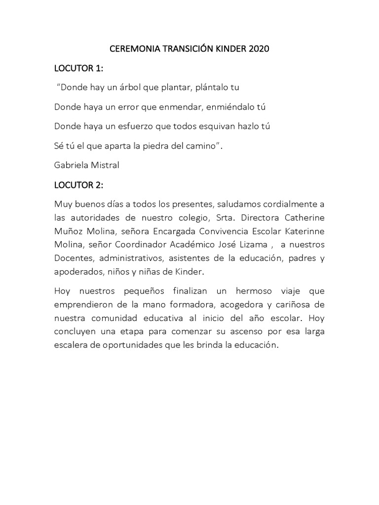 Ceremonia de Transición Kinder 2020 | PDF | Educación de la primera ...