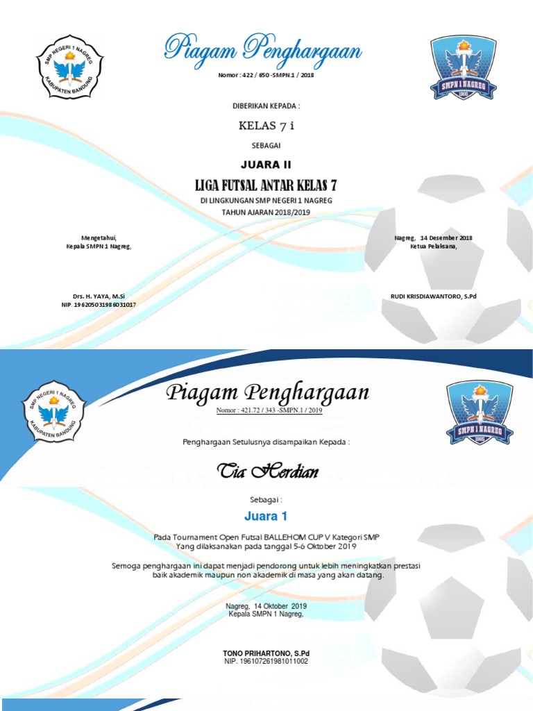 Sertifikat Juara Futsal SMPN 1 Nagreg | PDF