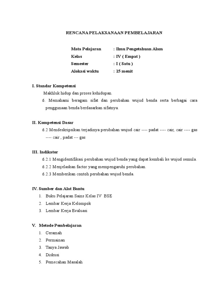 RPP Ipa Kelas IV Perubahan Wujud Benda | PDF