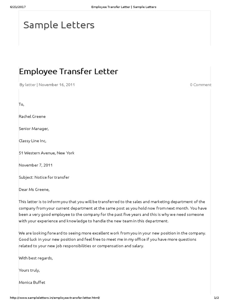 Employee Transfer Notification Sample | PDF