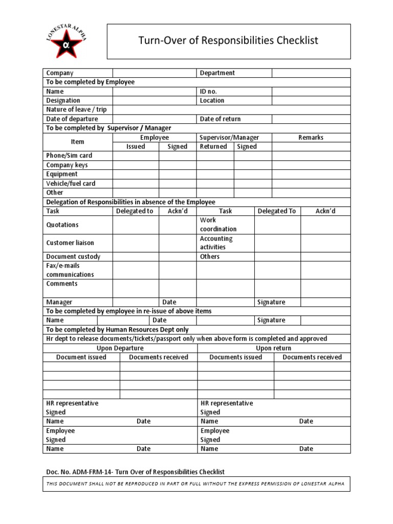 Turn-Over of Responsibilities Checklist PDF | PDF