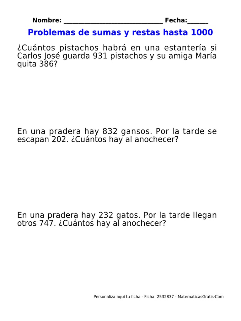 Problemas de Sumas y Restas Hasta 1000 PDF | PDF