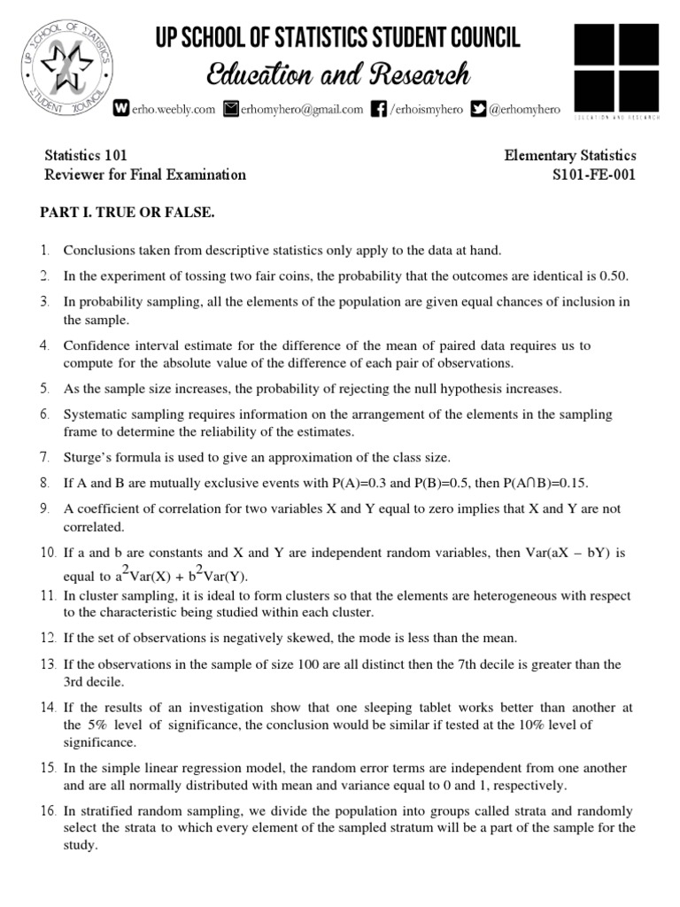 Stat 101 Sample Final Exam | PDF | Confidence Interval | P Value
