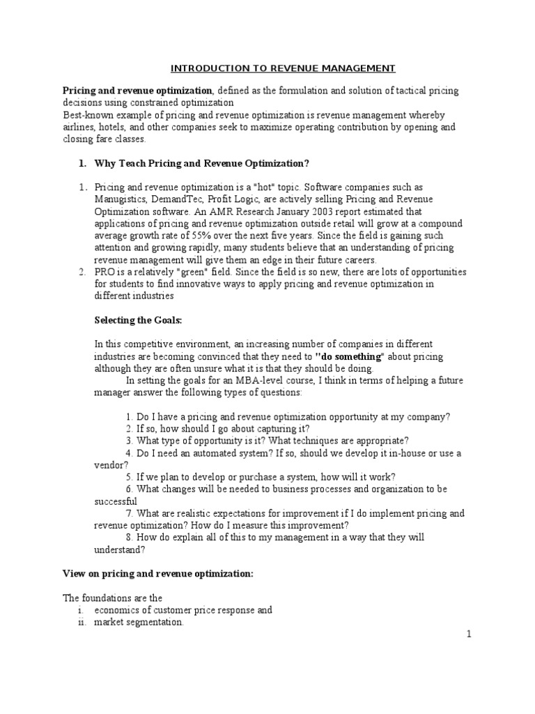 Pricing and Revenue Optimization, Defined As The Formulation and ...