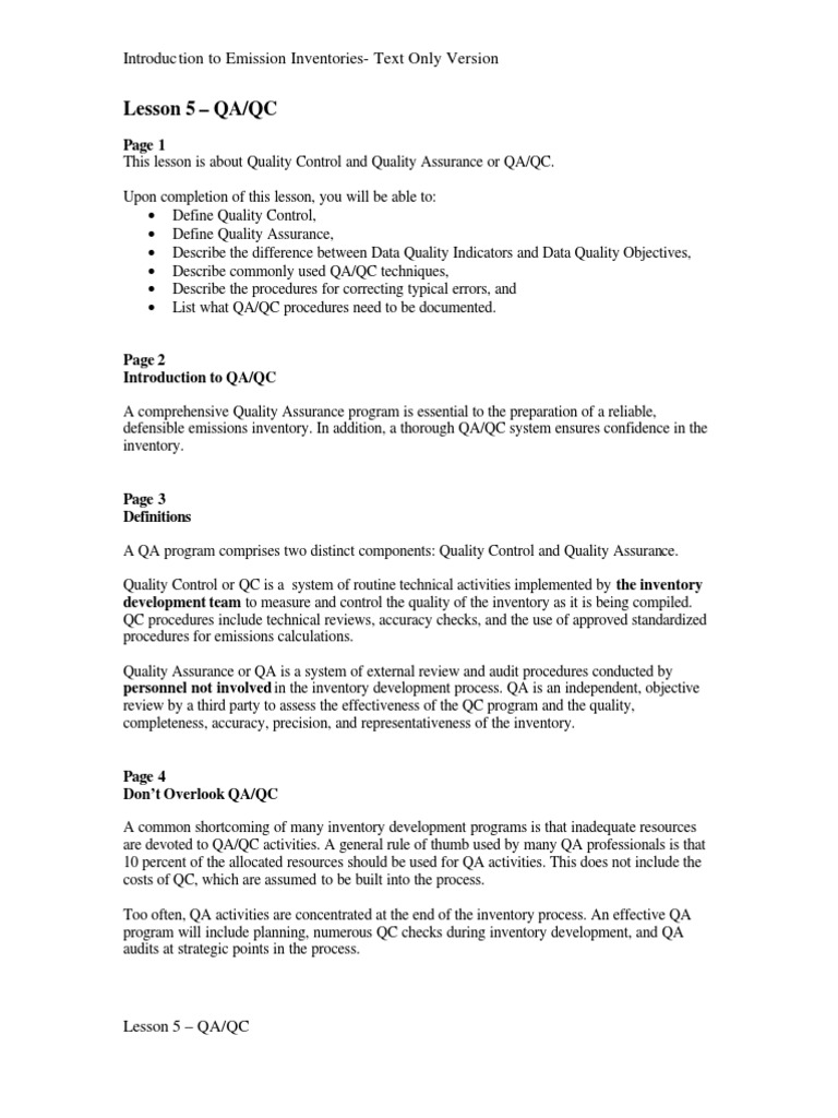 Lesson 5 - QA/QC: Introduc Tion To Emission Inventories-Text Only Version | PDF | Quality ...