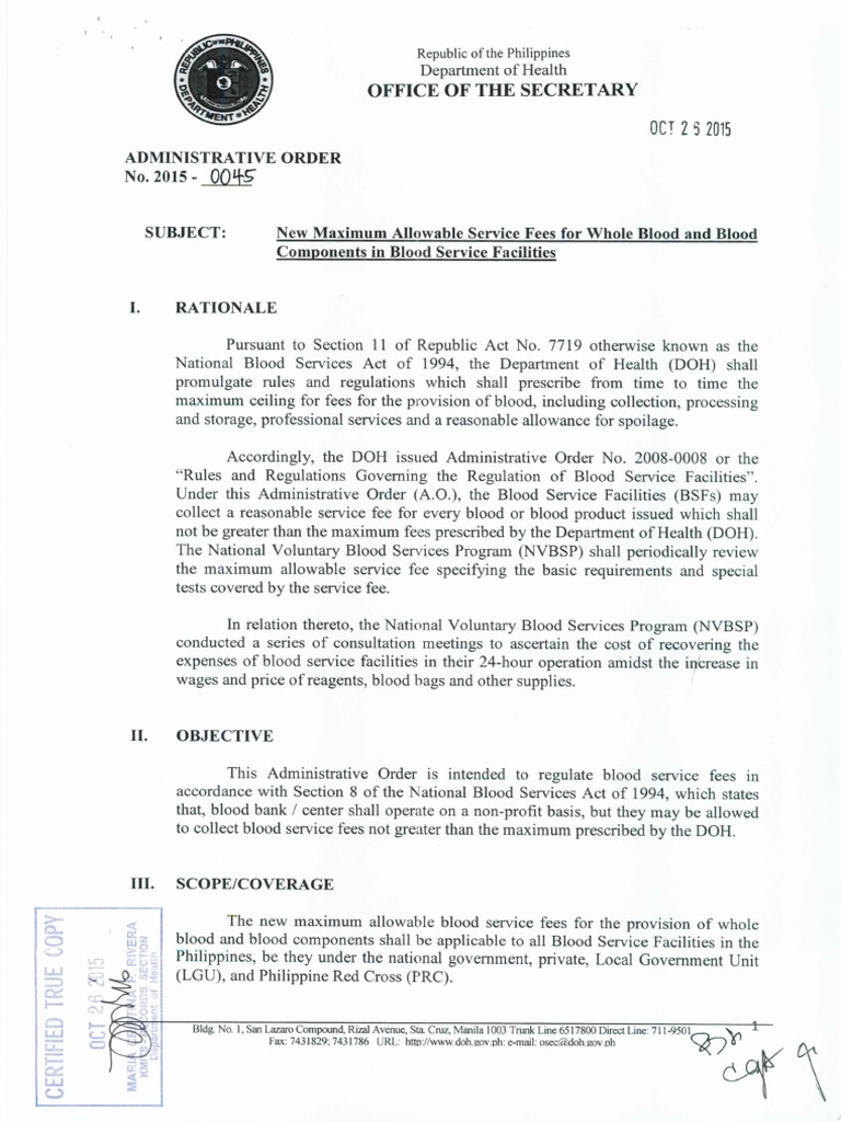 AO 2015 0045 Blood Service Fees | PDF
