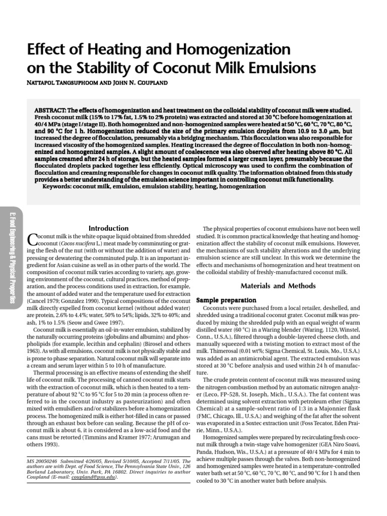 Effect of Heating and Homogenization On The Stability of Coconut Milk ...