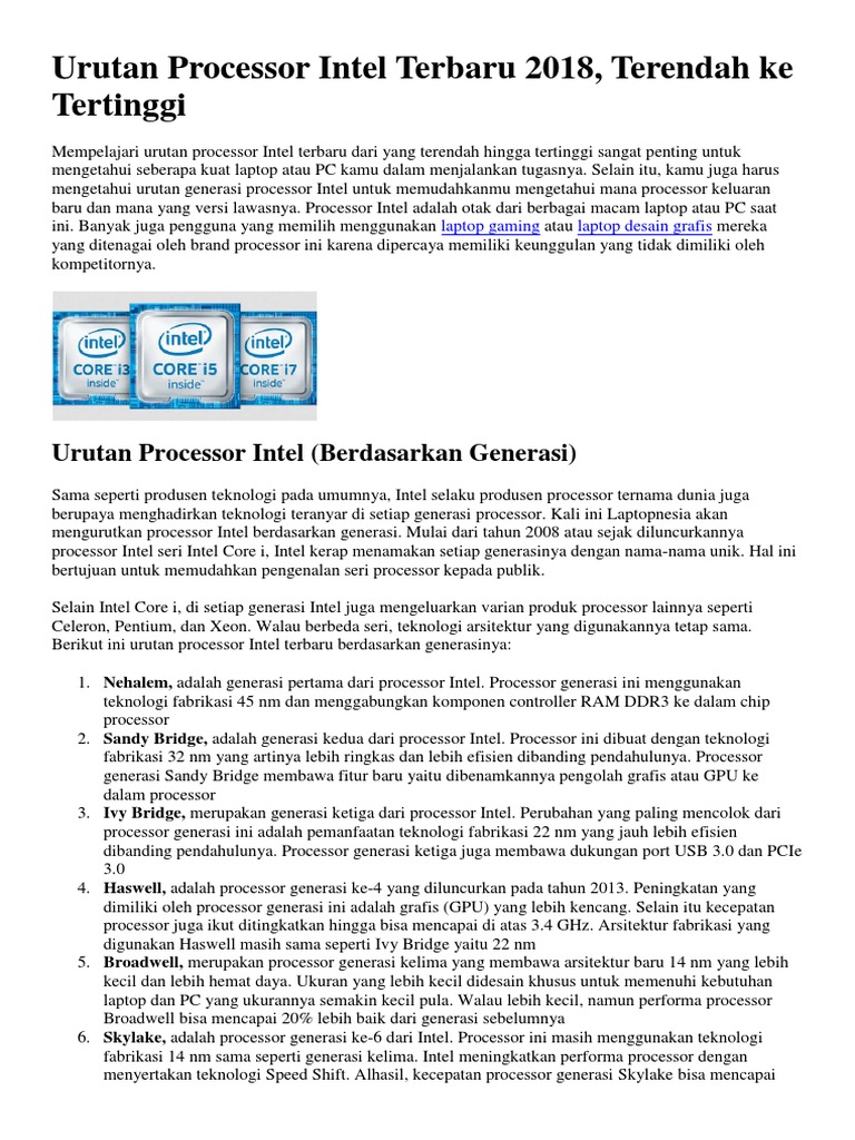 Urutan Processor Intel Terbaru 2018 | PDF