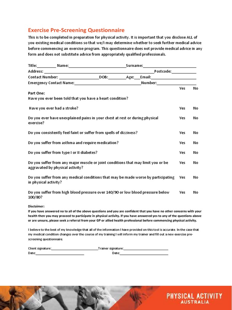 Pre Exercise Screening Form | PDF | Personal Trainer | Epidemiology