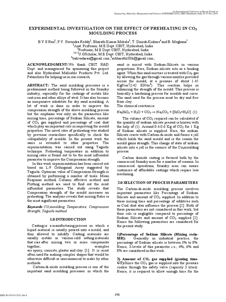 Experimental Investigation On The Effect of Preheating in CO2 Moulding ...