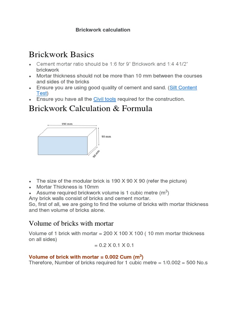 Brickwork Calculation | PDF | Brick | Mortar (Masonry)