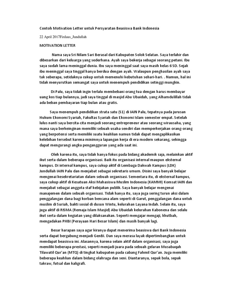 Contoh Motivation Letter Untuk Persyaratan Beasiswa Bank | PDF ...