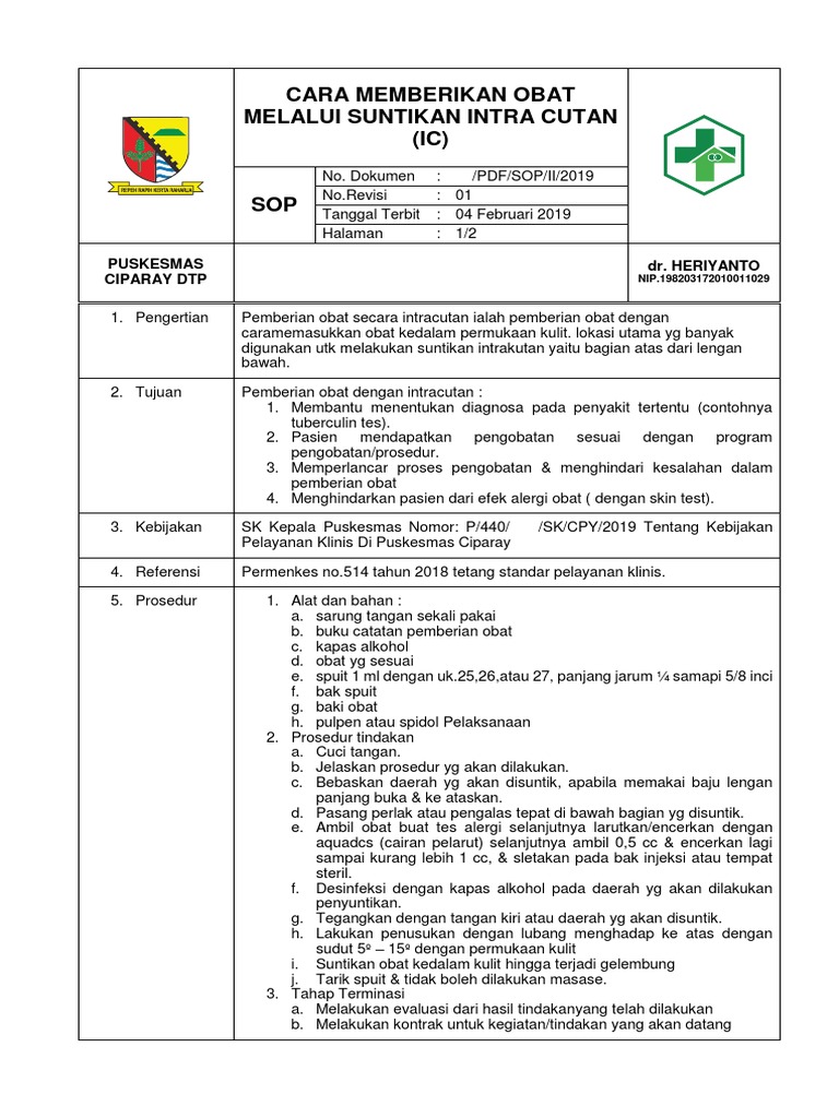 Sop Cara Memberikan Obat Melalui Suntikan Intra Cutan (Ic) | PDF