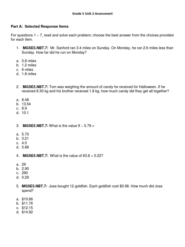 Grade 5 Math - Unit 2 Assessment | PDF