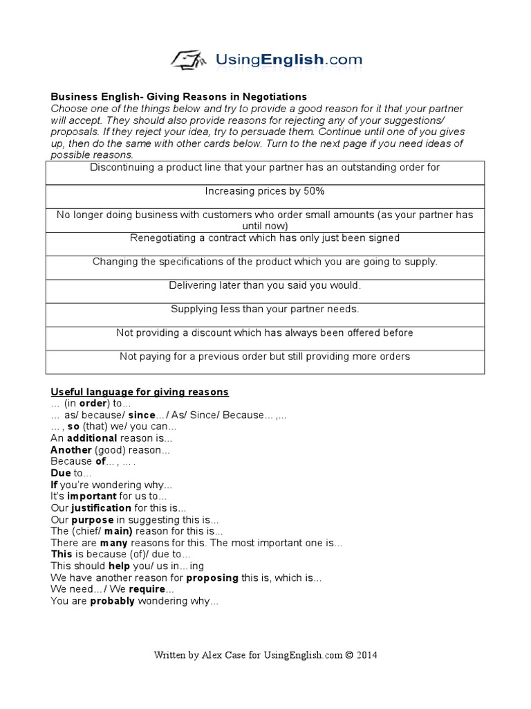 Business English Giving Reasons in Negotiations | PDF | Mergers And ...