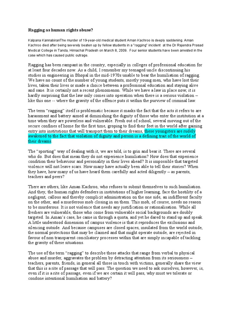 Ragging As Human Rights Abuse | PDF | Violence | Applied Ethics