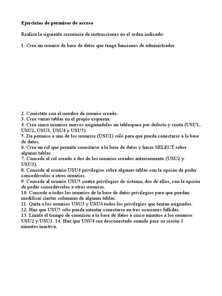 Ejercicios de gestión de usuarios SQL | PDF