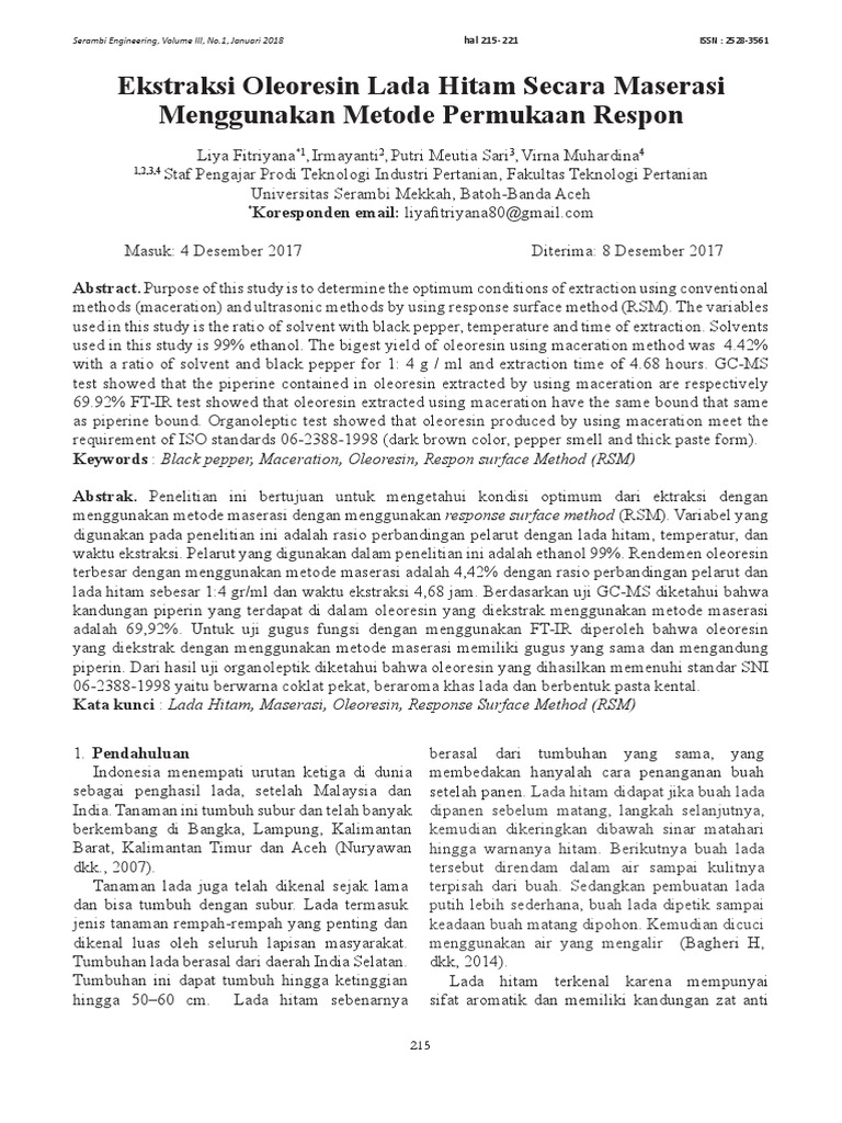 Ekstraksi Oleoresin Lada Hitam Secara Ma PDF | PDF