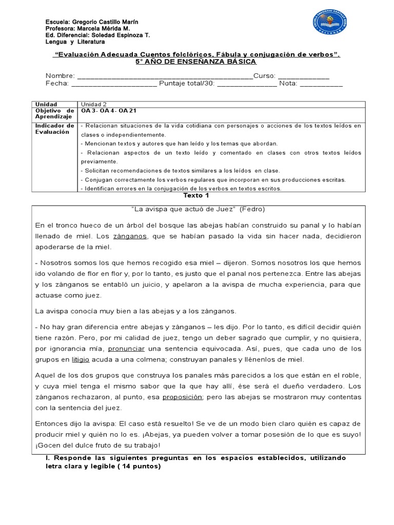 Evaluación Quinto Unidad 2 Cuentos Folclóricos ADECUADA | PDF
