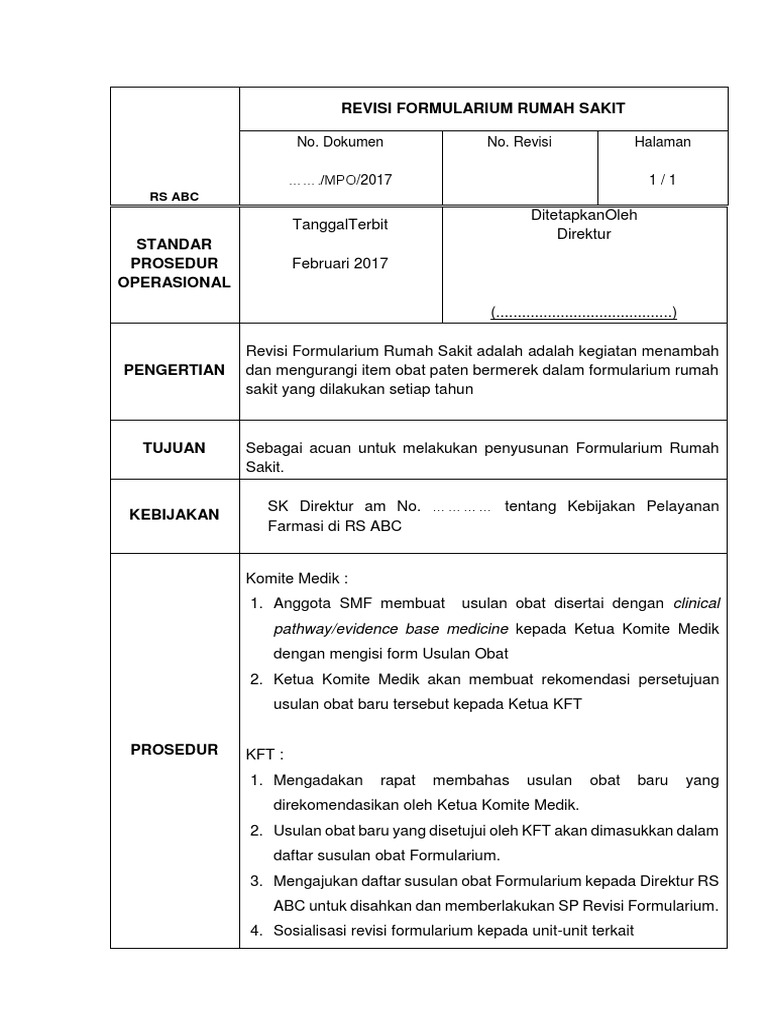 Format Sop Revisi Formularium Rumah Sakit | PDF