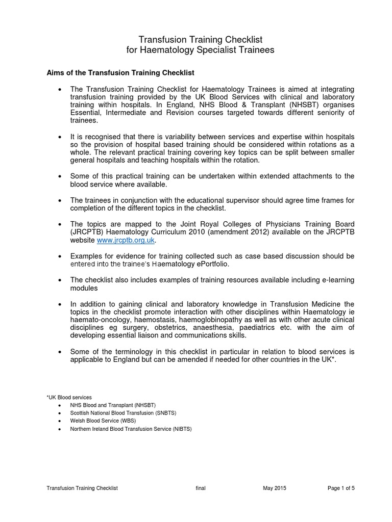 Transfusion Training Checklist May 2015 | PDF | Blood Transfusion ...