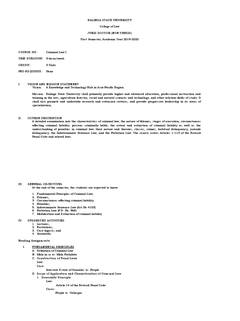 Criminal Law 1 Syllabus - Final | PDF | Crime & Violence | Crime Thriller