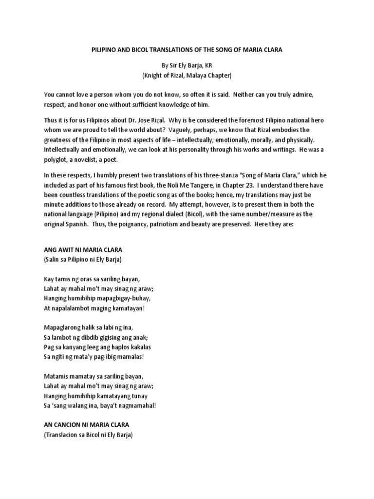 Translations of Maria Clara's Song | PDF