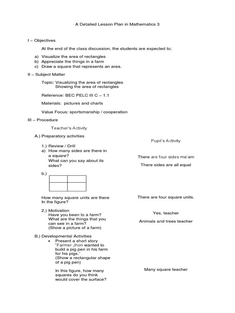 A Detailed Lesson Plan in Mathematics 3 | PDF | Rectangle | Behavior ...