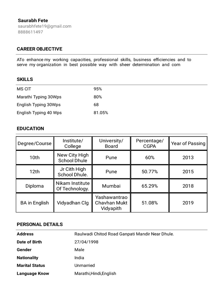 Saurabh Resume Format1 PDF | PDF
