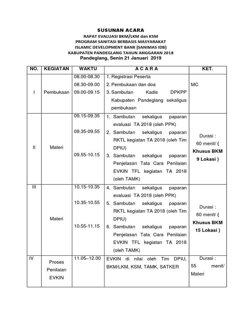 SUSUNAN ACARA Rapat Evaluasi BKM Janu 2019 | PDF