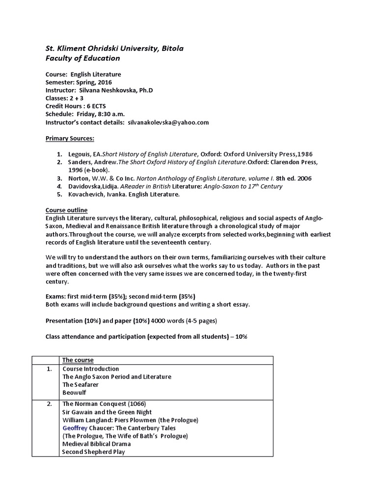 Course Outline - English Literature | PDF | English Literature ...