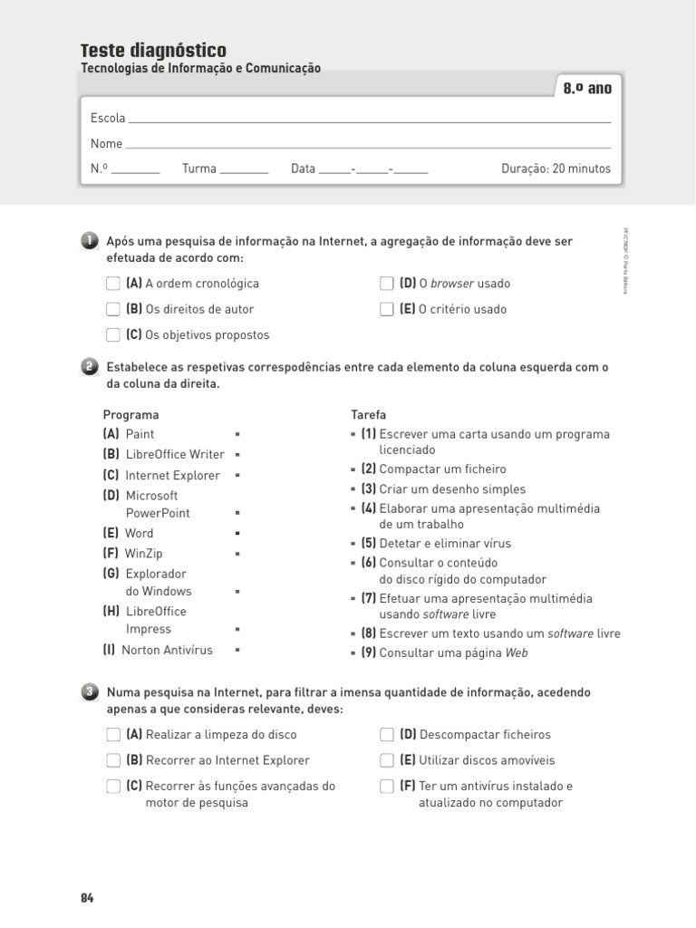 TIC - 8º Ano - Teste Diagnostico | Microsoft | Internet
