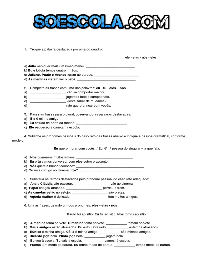 1-Pronomes- Atividades e Exercicios para Imprimir - WWW.SOESCOLA.COM ...