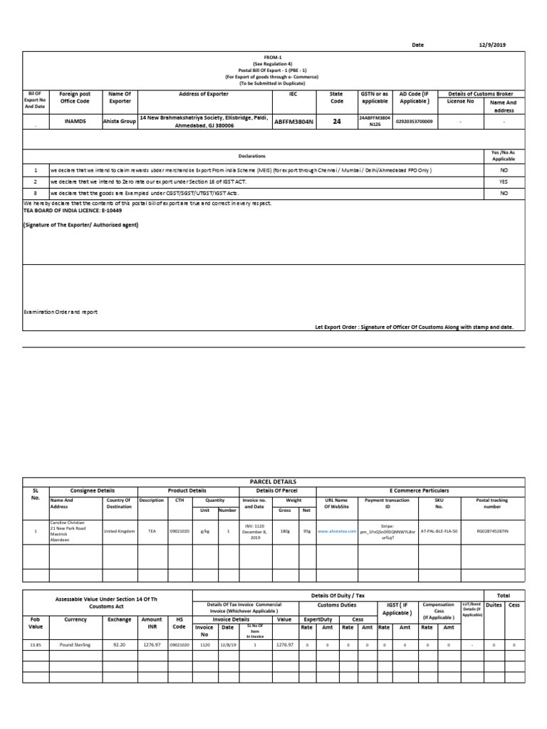 Postal Bill of Export Template PDF | PDF | Invoice | Payments
