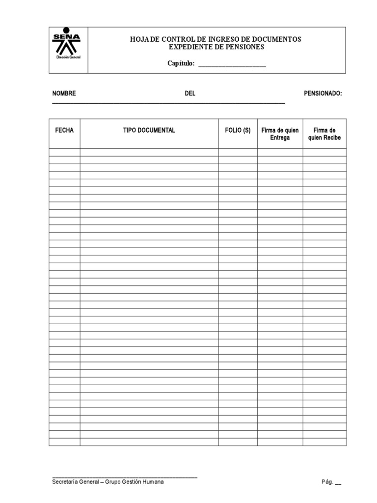 Hoja de Control Ingreso Documentos Expediente de Pensiones