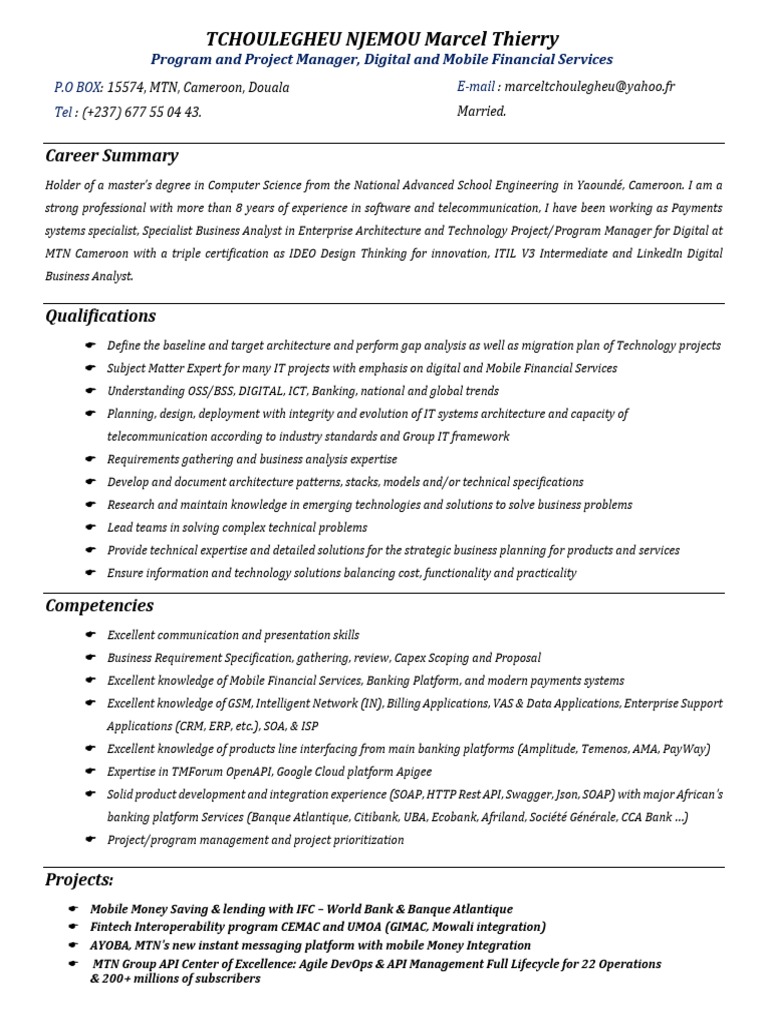 Marcel TCHOULEGHEU Resume Nov 2019 | PDF | Itil | Enterprise Architecture