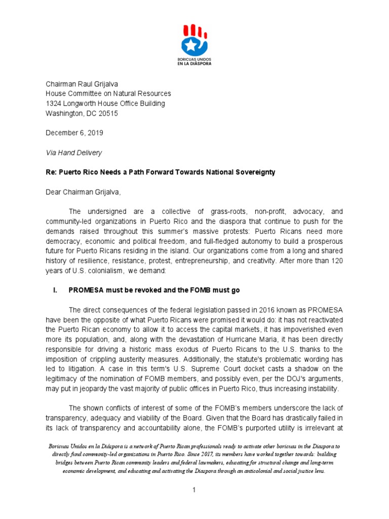 BUDPR Letter To Grijalva | PDF | Puerto Rico | Government