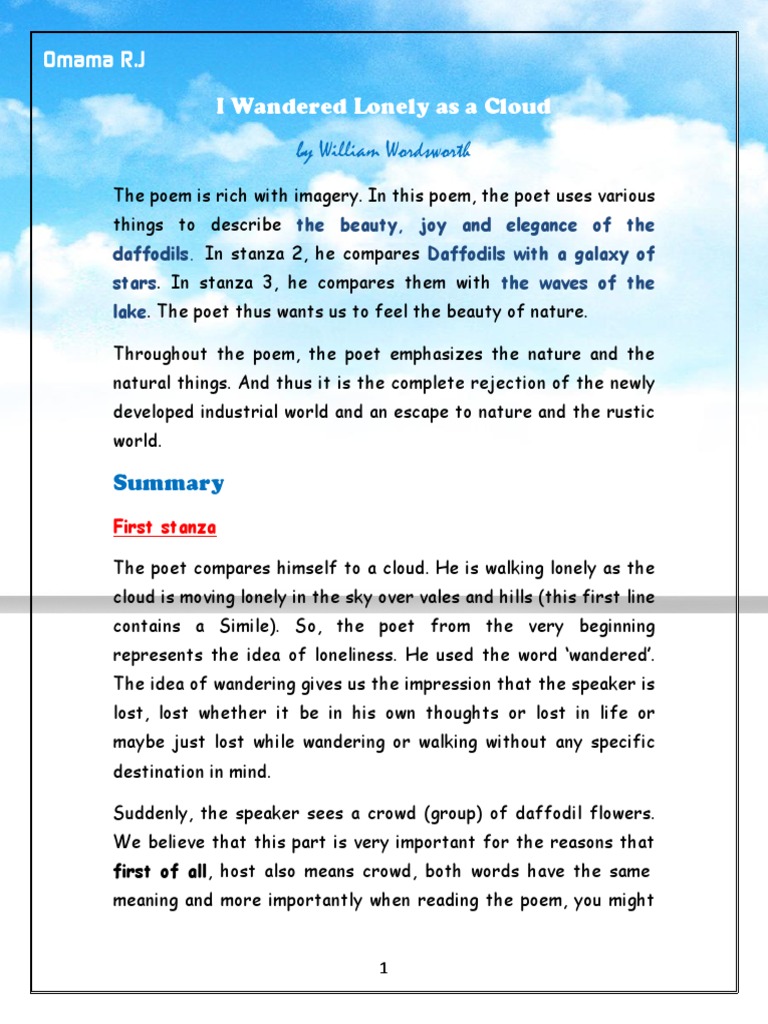I Wandered Lonely As A Cloud Colourful | PDF | Poetry