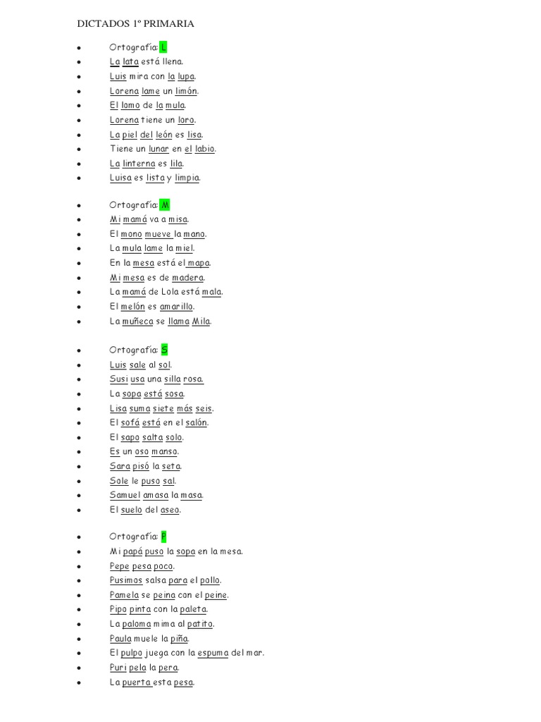 Dictados de Ortografía para 1º Primaria | PDF | Alimentos | Naturaleza