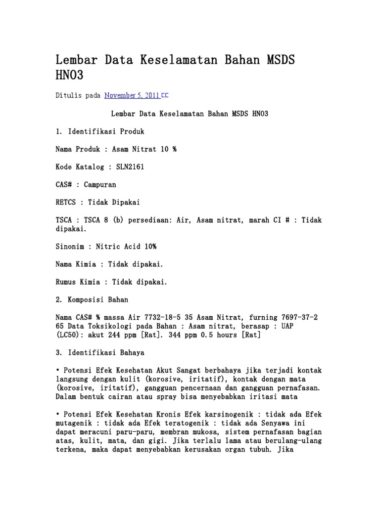 Lembar Data Keselamatan Bahan MSDS HNO3 | PDF