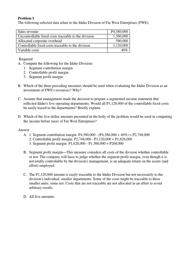 Exercises Responsibility Accounting Answers | PDF | Return On ...