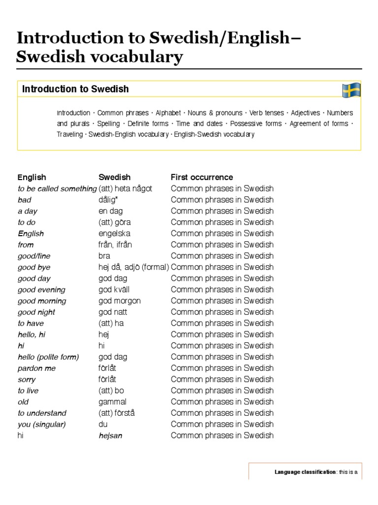 Introduction To Swedish:English-Swedish Vocabulary - Wikiversity PDF ...