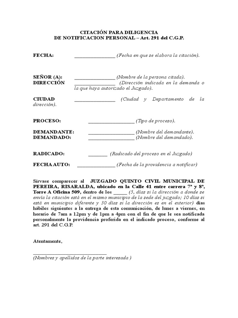 Formato Citacion Notificacion Personal Art 291 CGP | PDF Formato Citacion Notificacion Personal Art 291 CGP | PDF