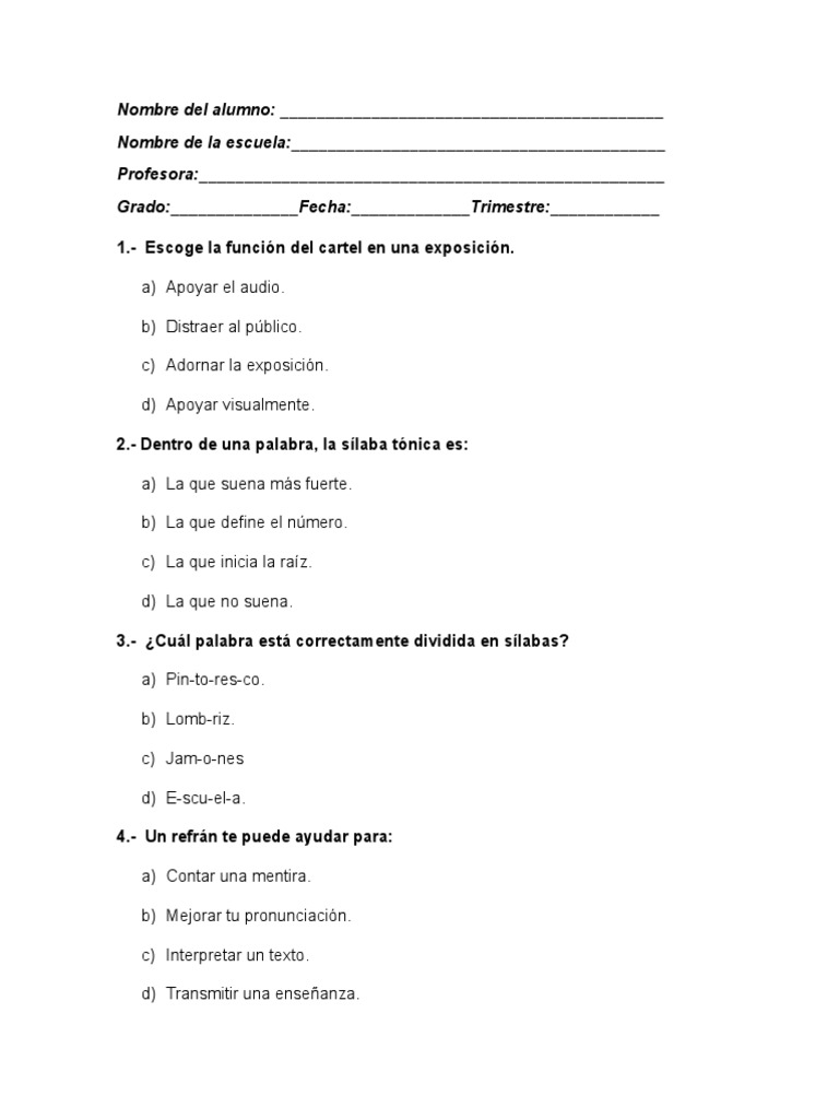 Examen Español 4° Grado Primer Trimestre | PDF | Ficción general