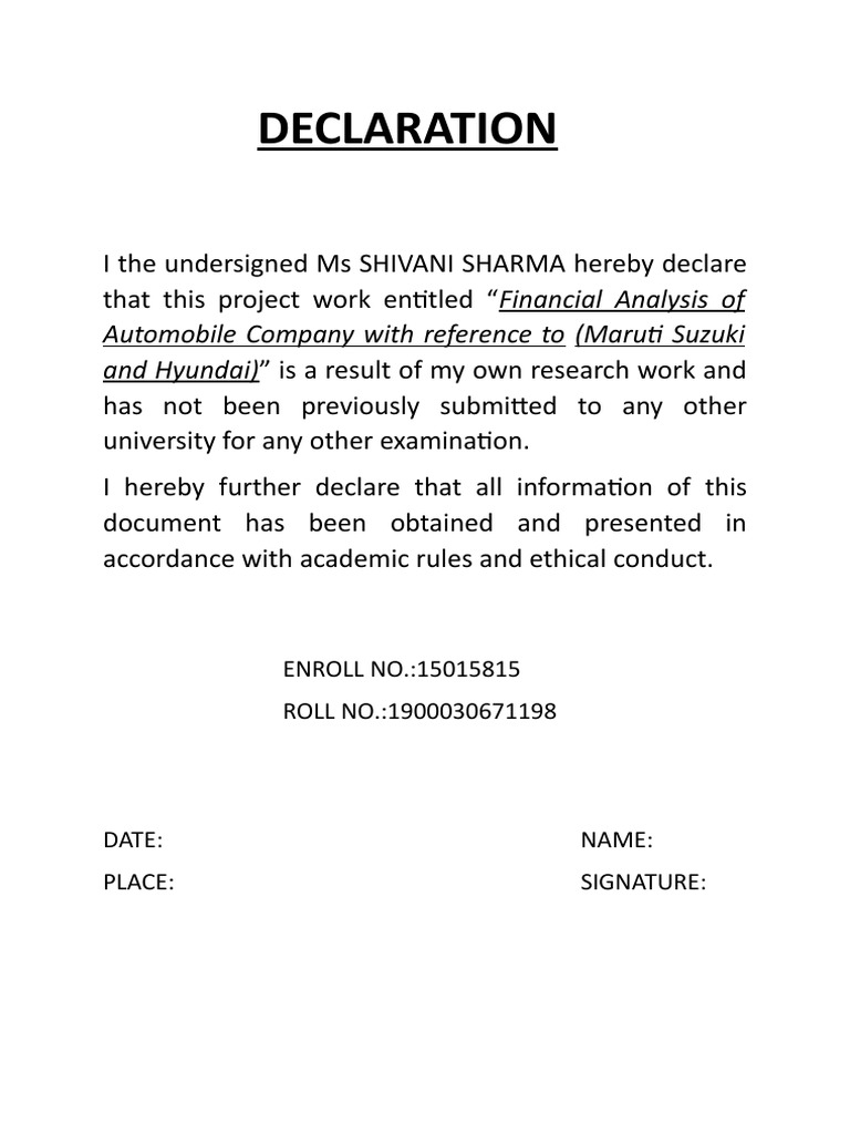 Project Declaration of Maruti Suzuki and Hyundai | PDF | Automotive ...