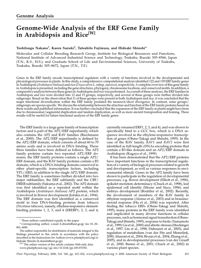 Genome-Wide Analysis of The ERF Gene Family in Arabidopsis and Rice ...